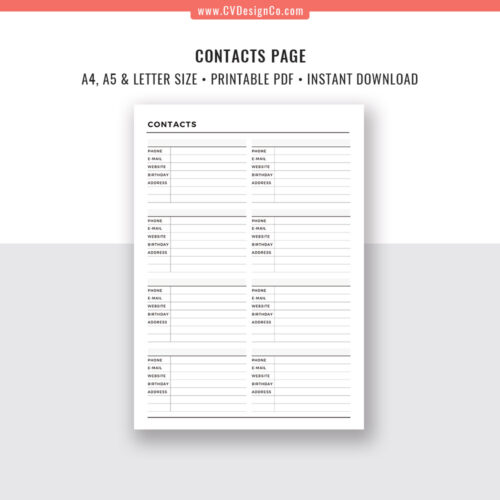 Contacts Page, Planner Pages, Planner Template, Printable Planner ...